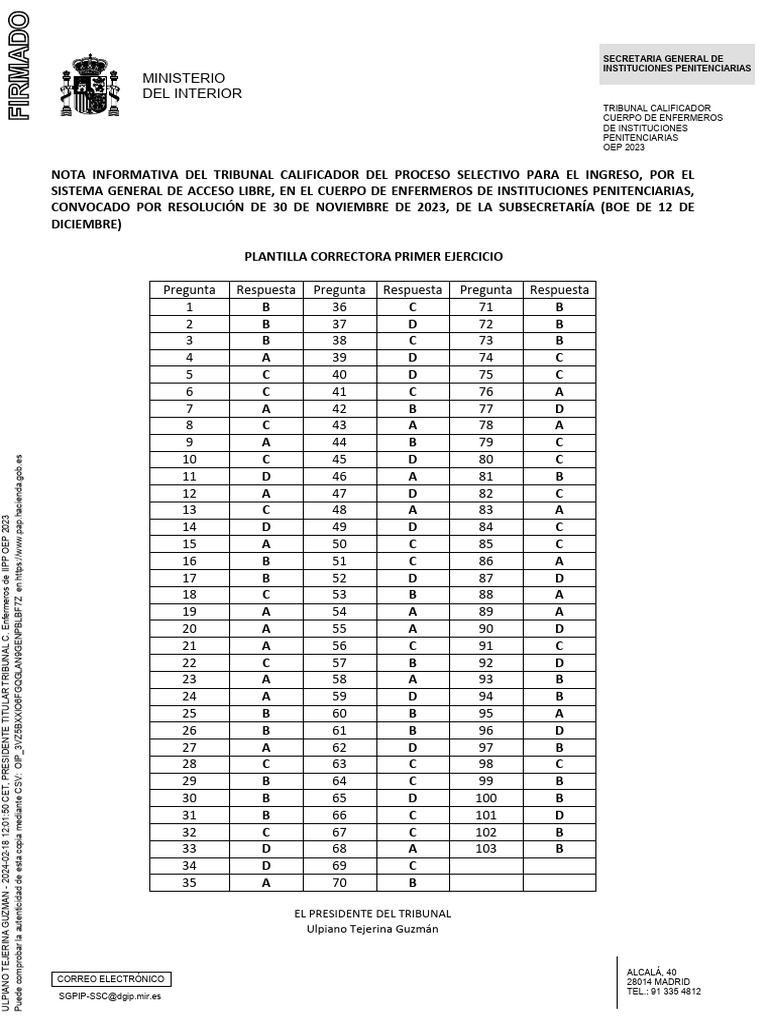Plantilla Correctora Primer Ejercicio | PDF