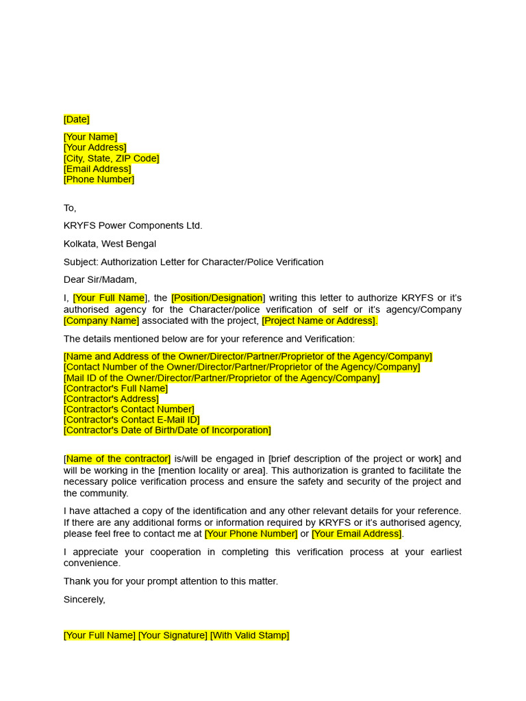 Letter of Authorisation For Police Verification - Contractor | PDF