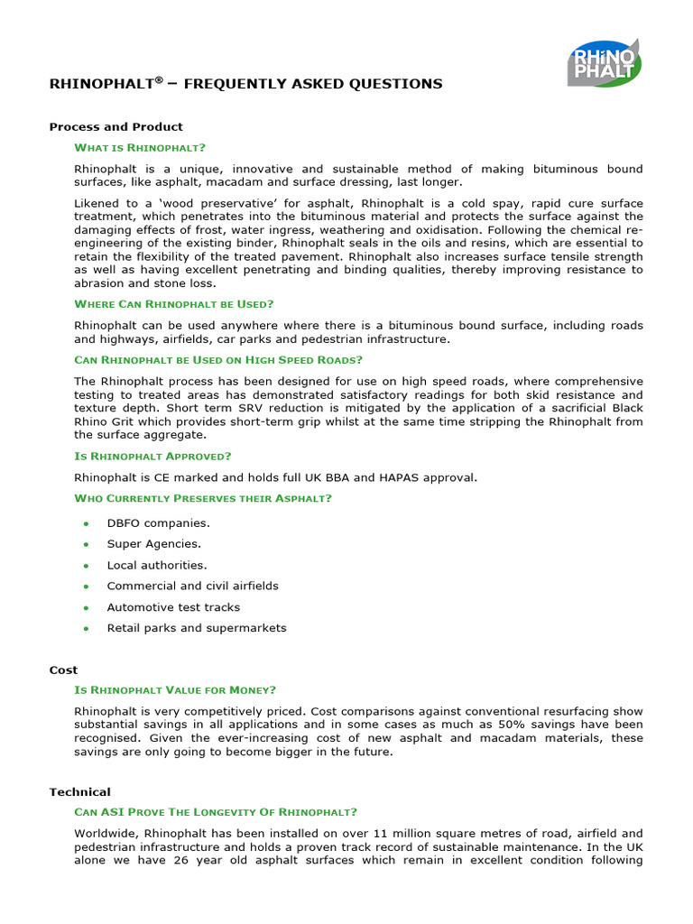 Rhinophalt Frequently Asked Questions | PDF | Road Surface | Materials
