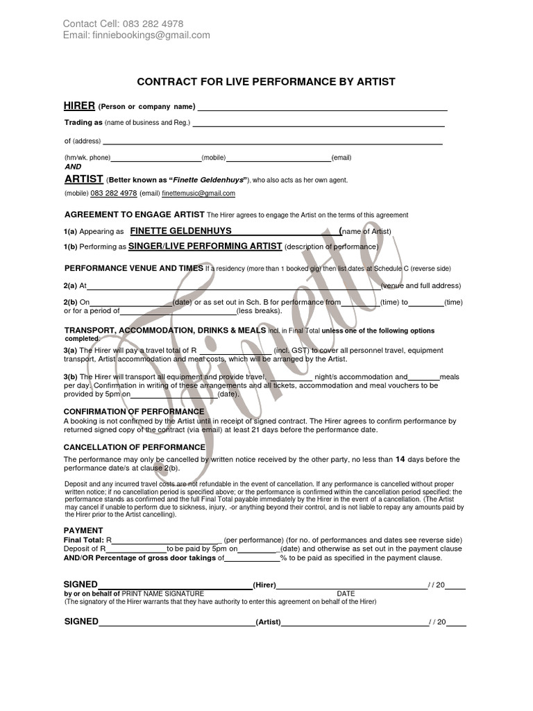 Finette Live Performance Contract | PDF | Indemnity | Guarantee