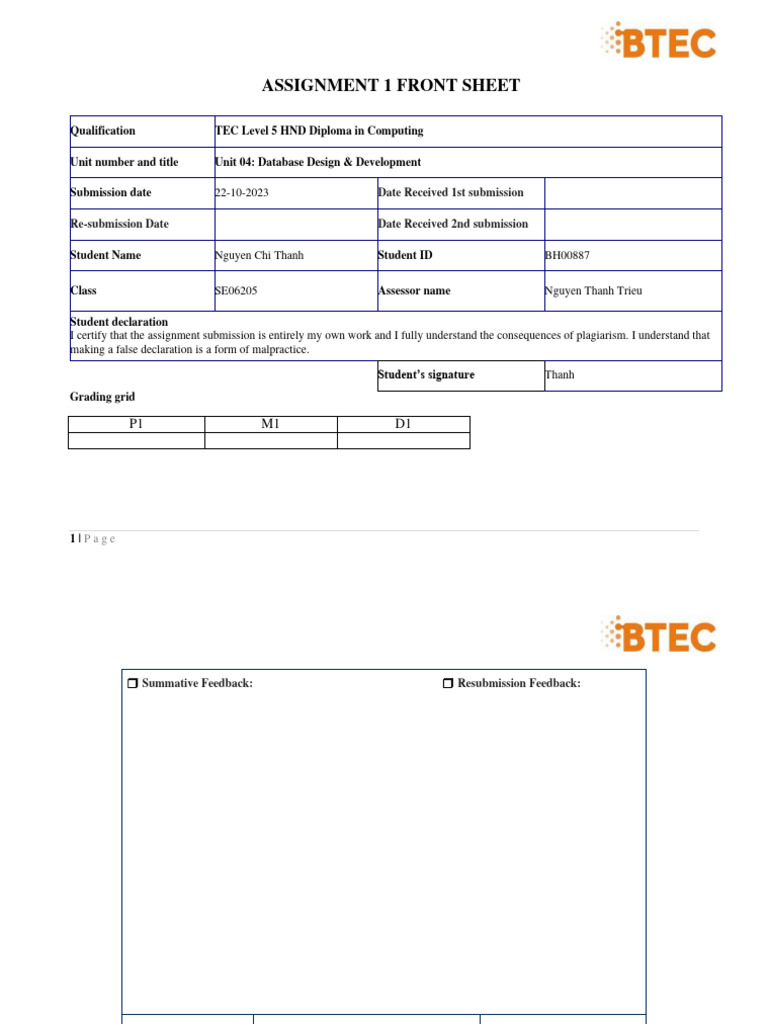 ASM1 1ST Database Development NguyenChiThanh BH00887 | PDF | User (Computing) | Databases