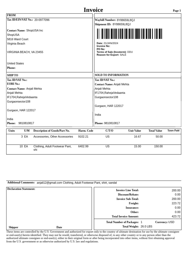 Non-VAT Invoice for Export to India | PDF | Value Added Tax | Invoice