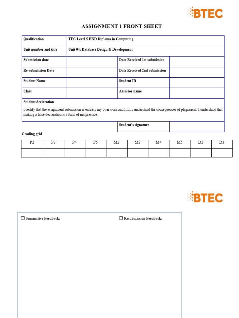 Database Design Assignment Front Sheet | PDF