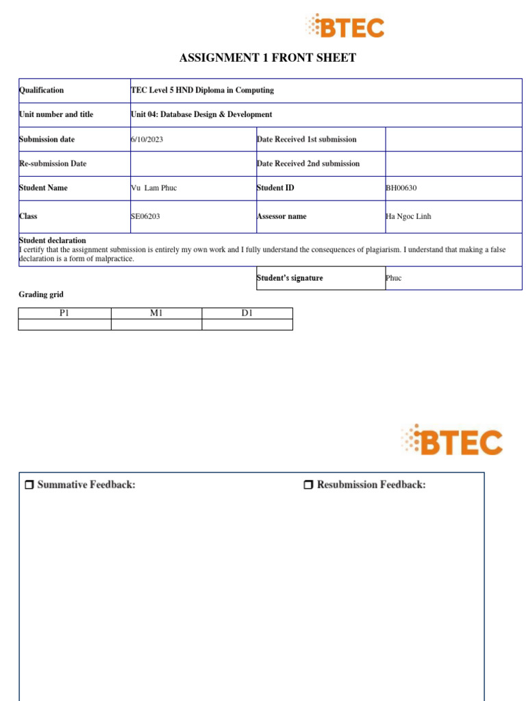 VuLamPhuc - Assignment-1-Frontsheet-1-1-1 Planning | PDF | Databases | Password