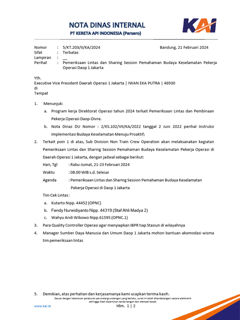 Pemeriksaan Lintas Dan Sharing Session Pemahaman Budaya Keselamatan Pekerja Operasi Daop 1 ...