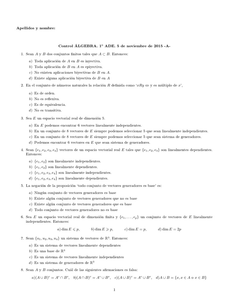 control1A | PDF | Espacio vectorial | Base (álgebra lineal)