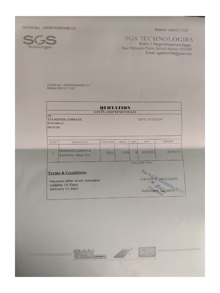 SGS Battery Quotation For TVS Mysure | PDF