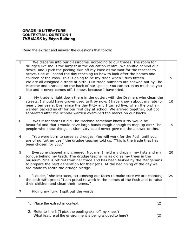 GRADE 10 LITERATURE The Mark Ws 1 | PDF
