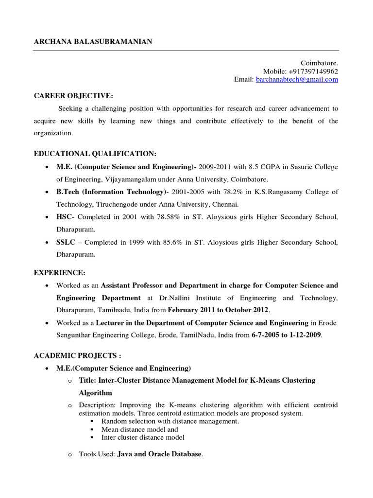 Resume - ArchanaBalasubramanian - Assistant Professor - CSE - NGPIT ...