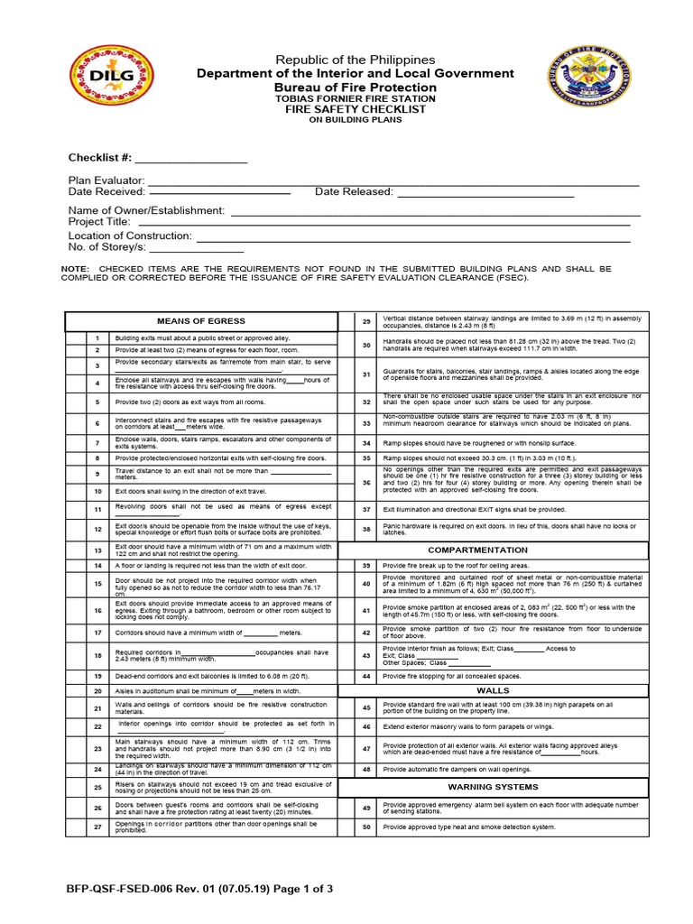 Fire Safety Inspection Checklist Philippines | PDF | Stairs | Door
