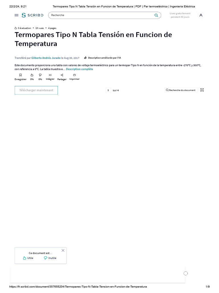 Termopares Tipo N Tabla Tensión en Funcion de Temperatura - PDF - Par ...