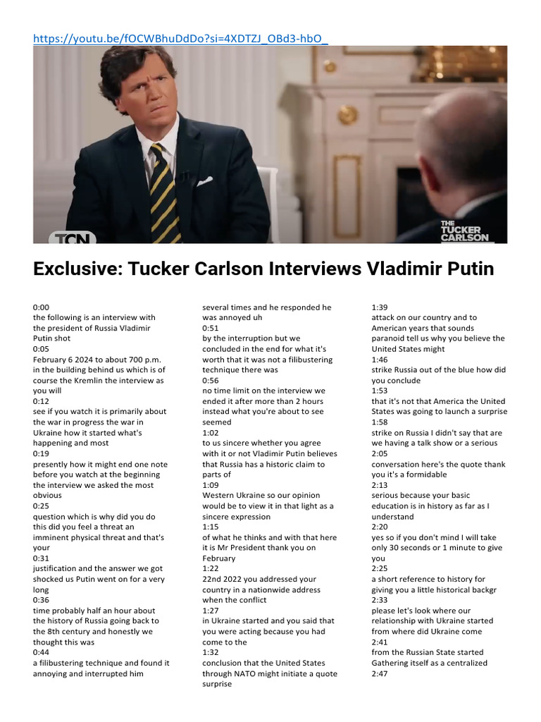 Putin Tucker Interview Transcript | PDF | Soviet Union | World Politics Putin Tucker Interview Transcript | PDF | Soviet Union | World Politics