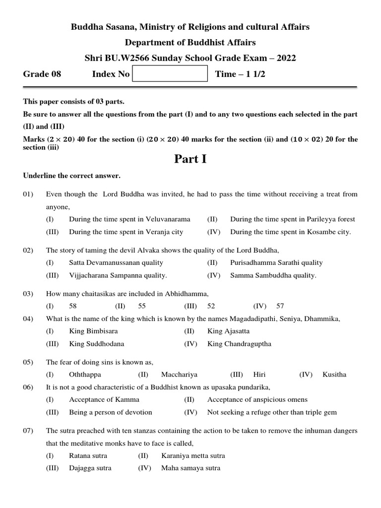 Grade 08 Daham Pasal Exam Past Paper With Answers 2022 | PDF | Indology | Buddhist Philosophy