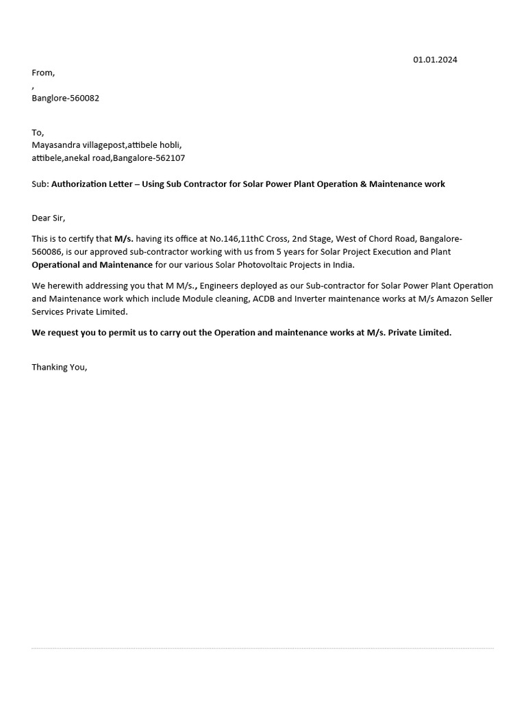 Authorisation Letter - Amazon Bangalore | PDF