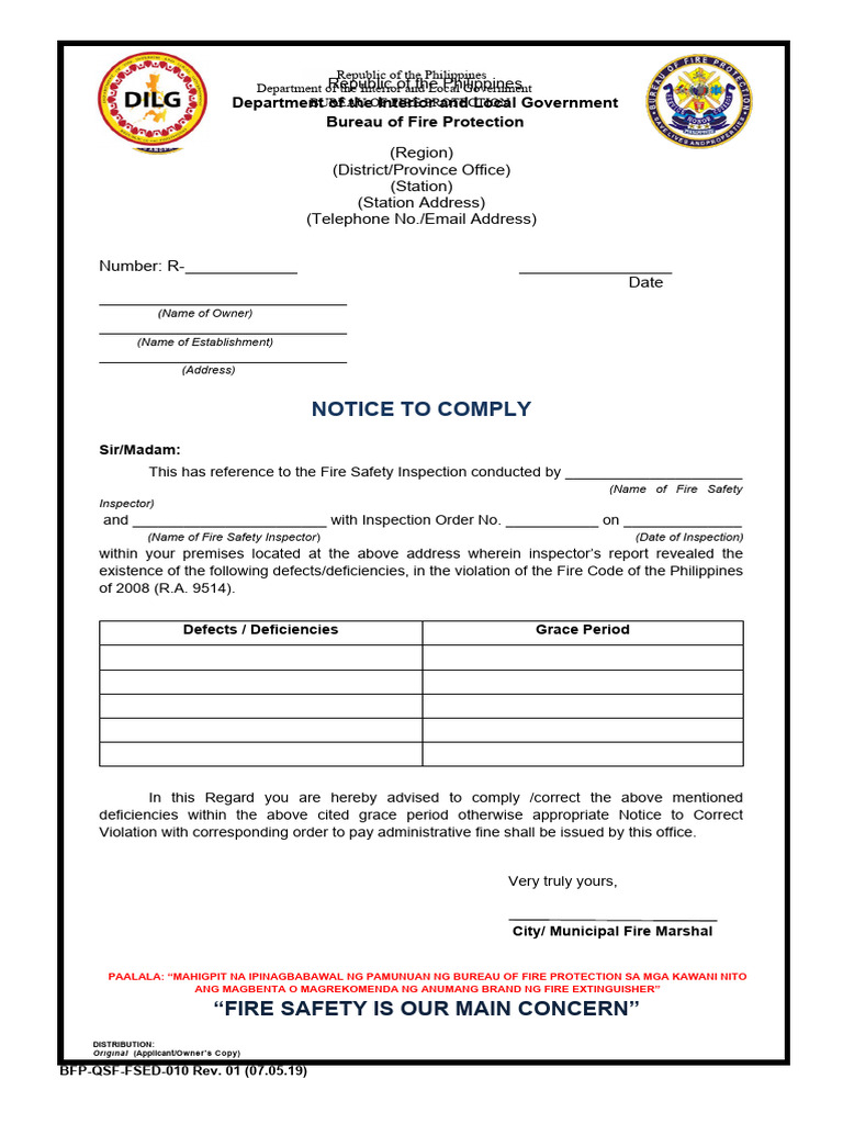 Notice to Comply: Fire Safety Deficiencies | PDF | Fire Safety ...