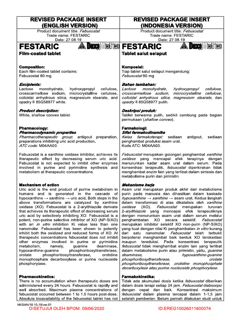 Festaric Tablet Salut Selaput 40mg - Febuxostat - DKL2005064617A1 ...