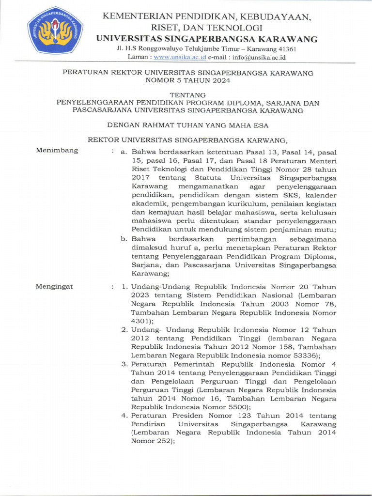 5-2024 - Peraturan Rektor Tentang Penyelenggara Pendidikan Program Diploma, Sarjana, Dan Pasca ...
