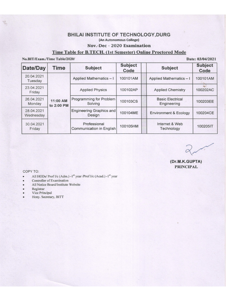 Time Table - BTECH First Semester (Autonomous) End Semester Examination ...
