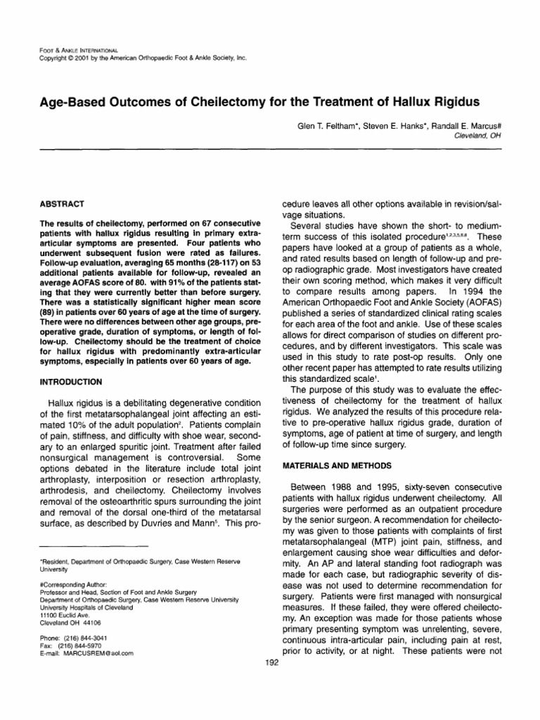 Age-Based Outcomes of Cheilectomy For The Treatment of Hallux Rigidus ...