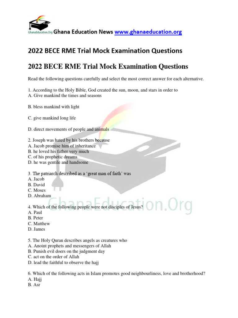 2022 BECE RME Trial Mock Examination Questions | PDF | Prophets And ...