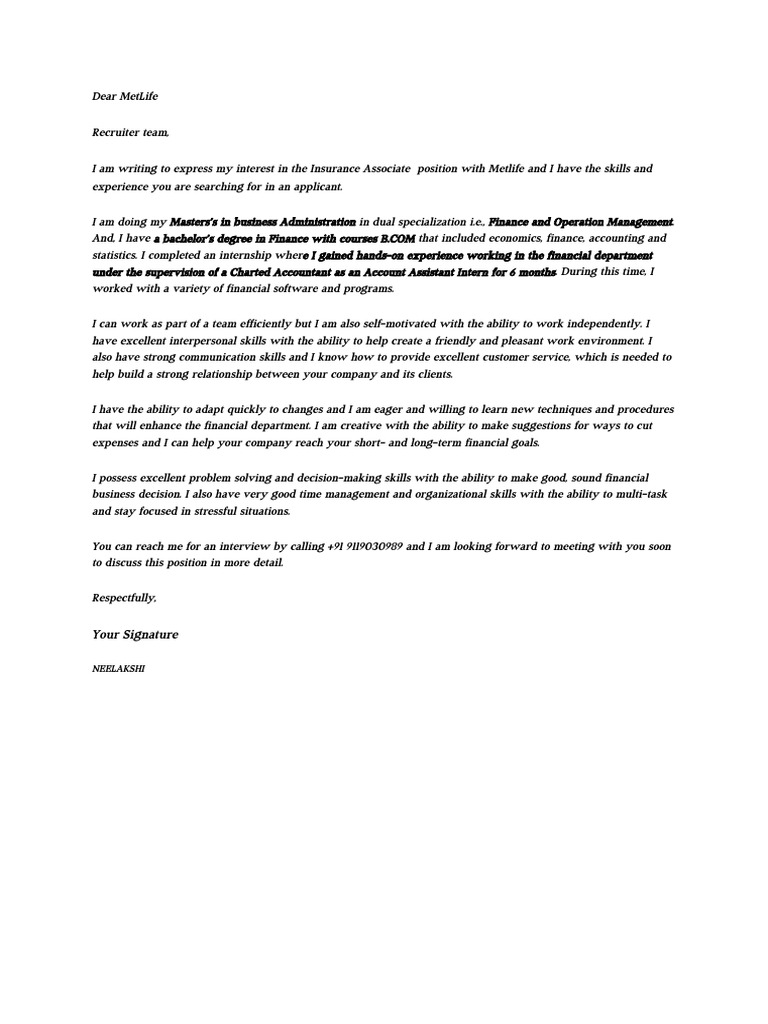 Neelakshi Cover Letter MetLife | PDF