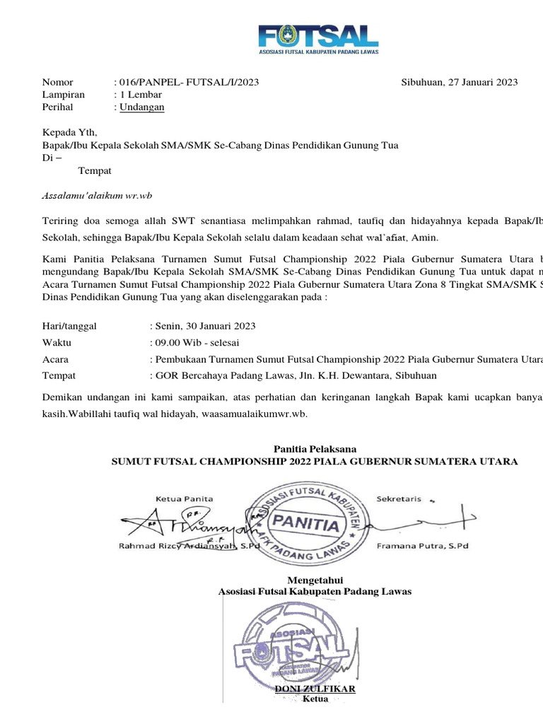 Undangan Turnamen Futsal Sumut 2022 | PDF