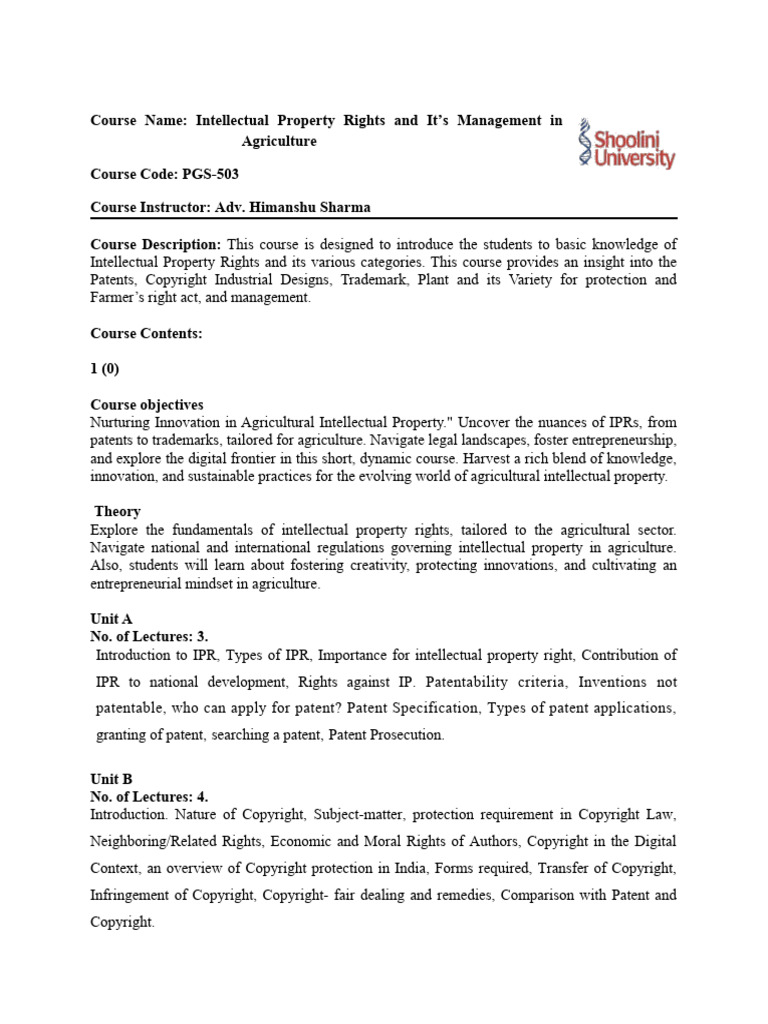 Syllabus IPR PGS 503 | PDF | Intellectual Property | Patent