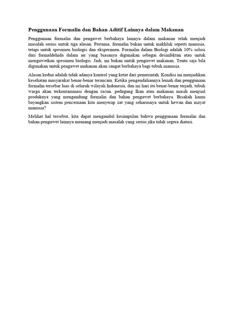 Penggunaan Formalin Dan Bahan Aditif Lainnya Dalam Makanan | PDF