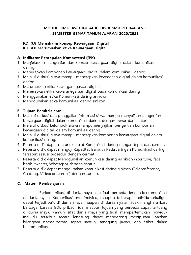 Modul Simulasi Digital Kelas X SMK PJJ Bagian 1 | PDF