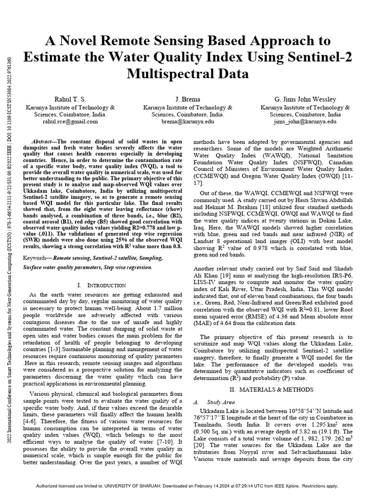 A Novel Remote Sensing Based Approach To Estimate The Water Quality Index Using Sentinel-2 ...