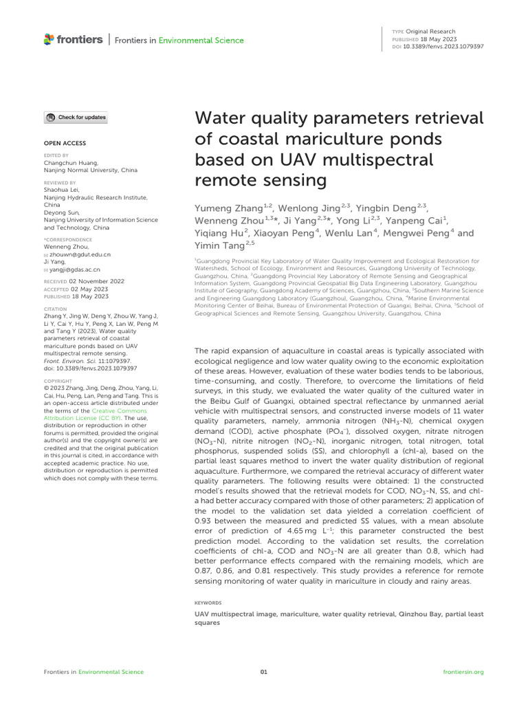 Water Quality Parameters Retrieval of Coastal Mariculture Ponds Based On UAV Multispectral ...