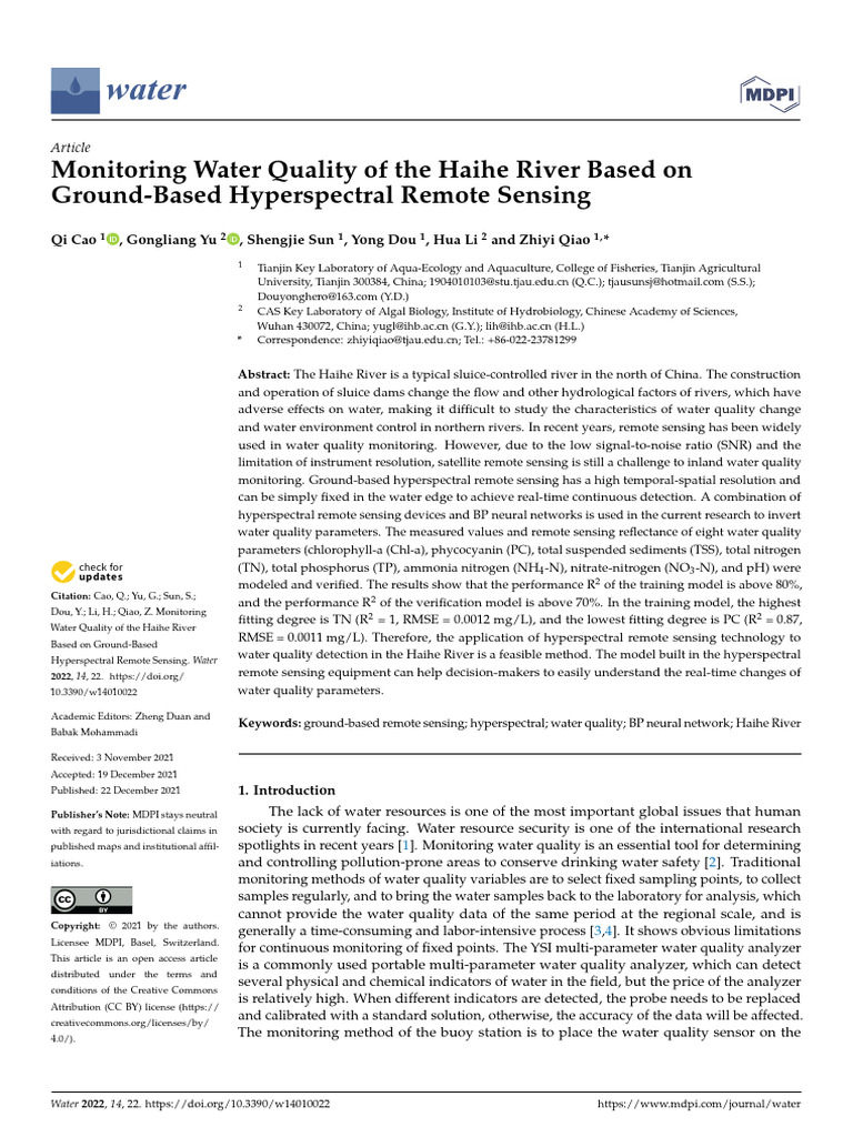 Monitoring Water Quality of The Haihe River Based On Ground-Based Hyperspectral Remote Sensing ...