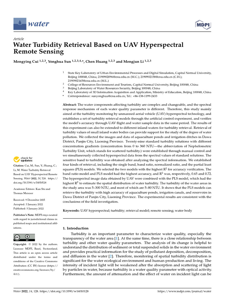 Water Turbidity Retrieval Based On UAV Hyperspectral Remote Sensing ...