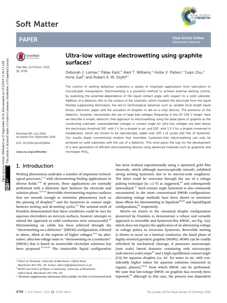 Ultra-Low Voltage Electrowetting Using Graphite Surfaces | PDF | Physical Sciences | Materials ...