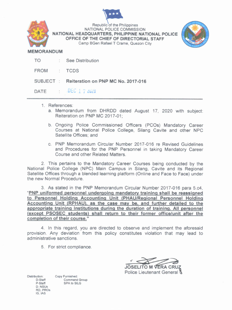 Reiteration On PNP MC No. 2017-016 - Tcds | PDF