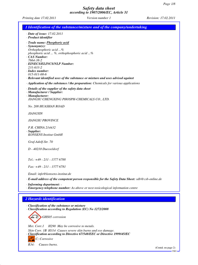 Phosporic Acid - MSDS Jiangsu | PDF | Dangerous Goods | Personal Protective Equipment
