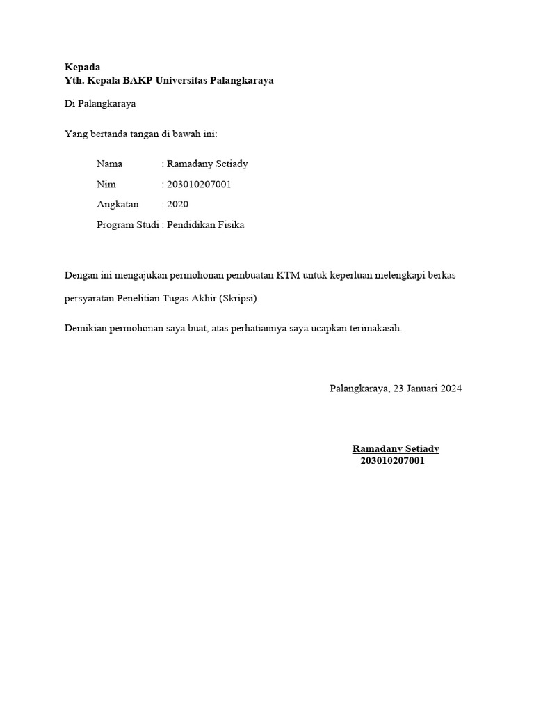 Surat Permohonan KTM | PDF