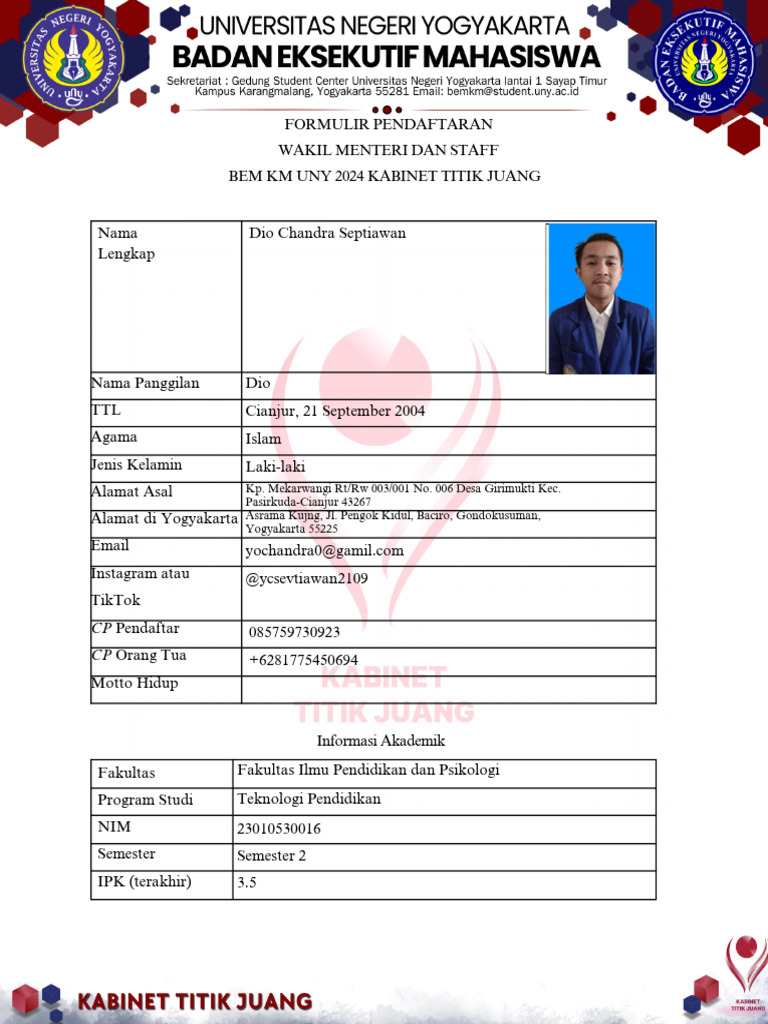 Formulir Pendaftaran Wakil Menteri Dan Staff BEM KM UNY 2024 PDF | PDF