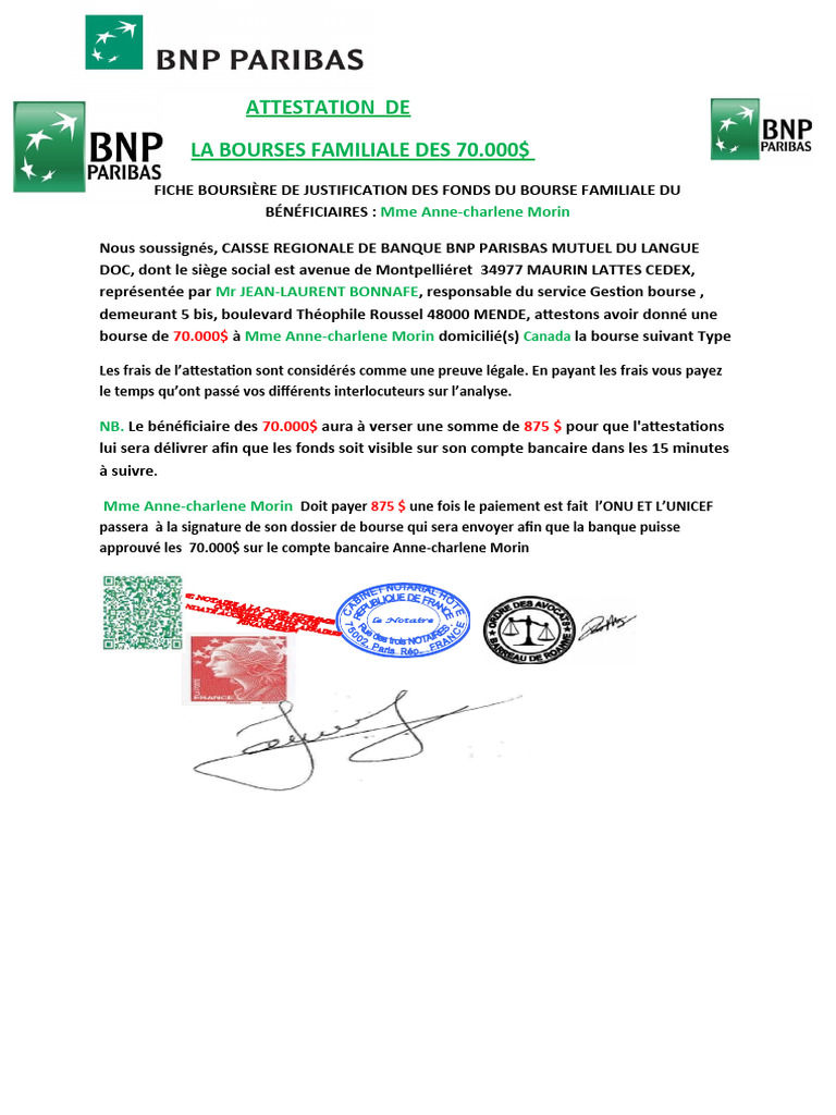 Attestation de Bourse Familiale 70.000$ | PDF