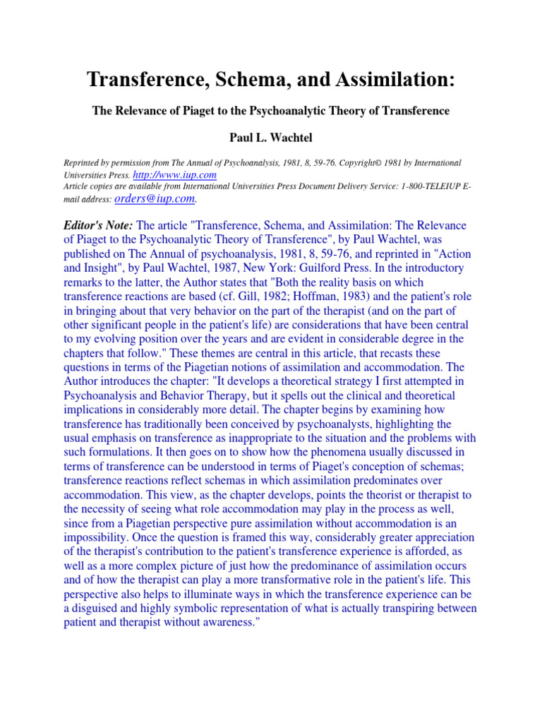 Wachtel. Transference and Piaget | PDF | Psychoanalysis | Schema ...
