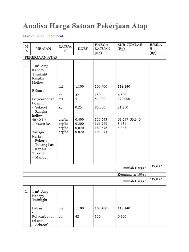 Analisa Harga Satuan Pekerjaan Atap | PDF