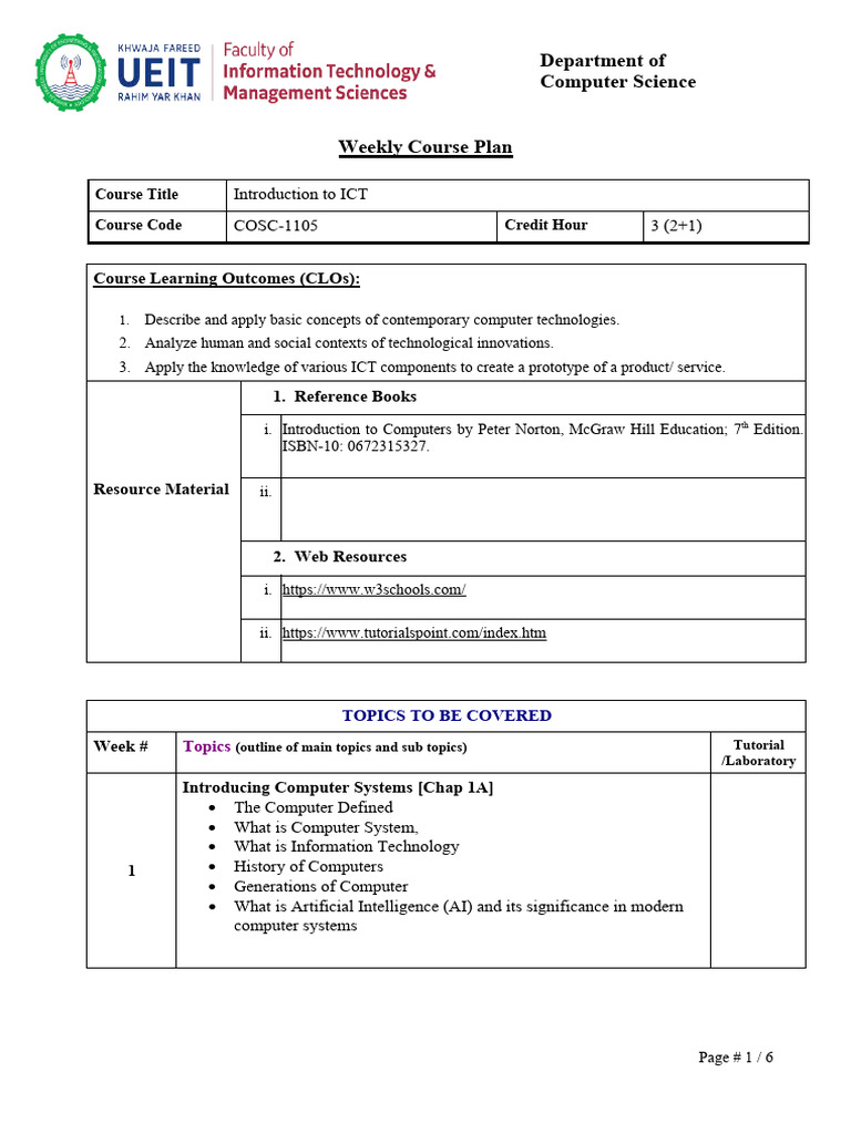 ICT Course Plan Overview | PDF | Computer Data Storage | Computer Monitor