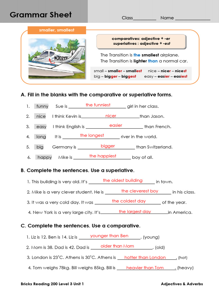 Bricks Reading 200_L3_Grammar Sheet_Answer Key | PDF | Adjective | Verb