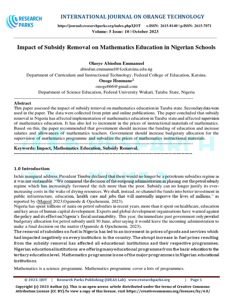 Impact of Subsidy Removal On Mathematics Education in Nigerian Schools ...