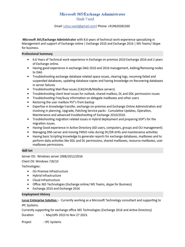 Microsoft Exchange Administrator Profile | PDF | Microsoft Exchange ...