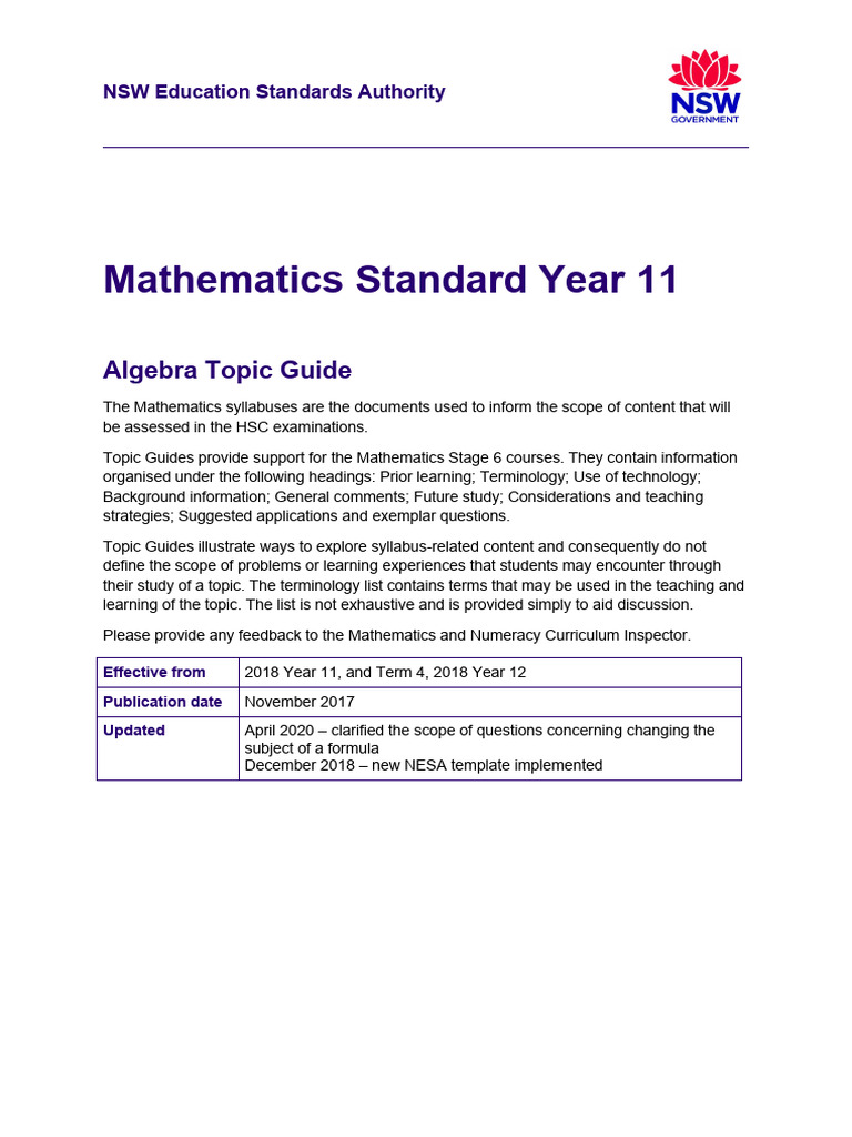 Mathematics Standard Year 11 Topic Guide Algebra | PDF | Equations ...