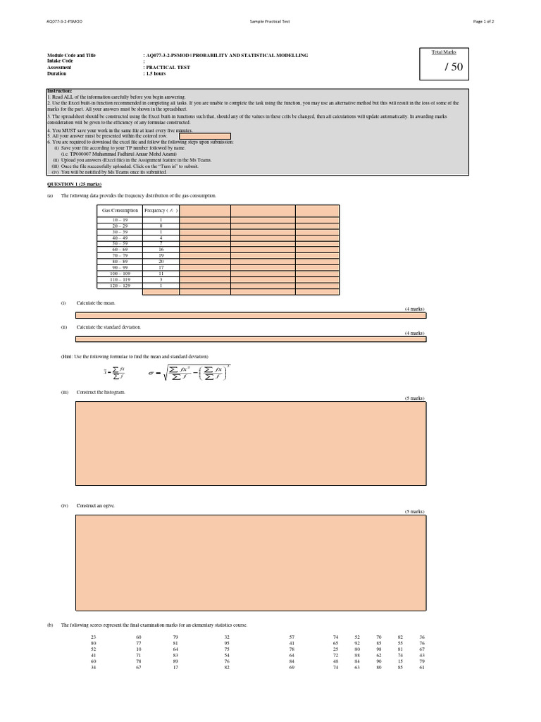 PSMOD - Sample Practical Test (Q) | PDF | Standard Deviation | Mode ...