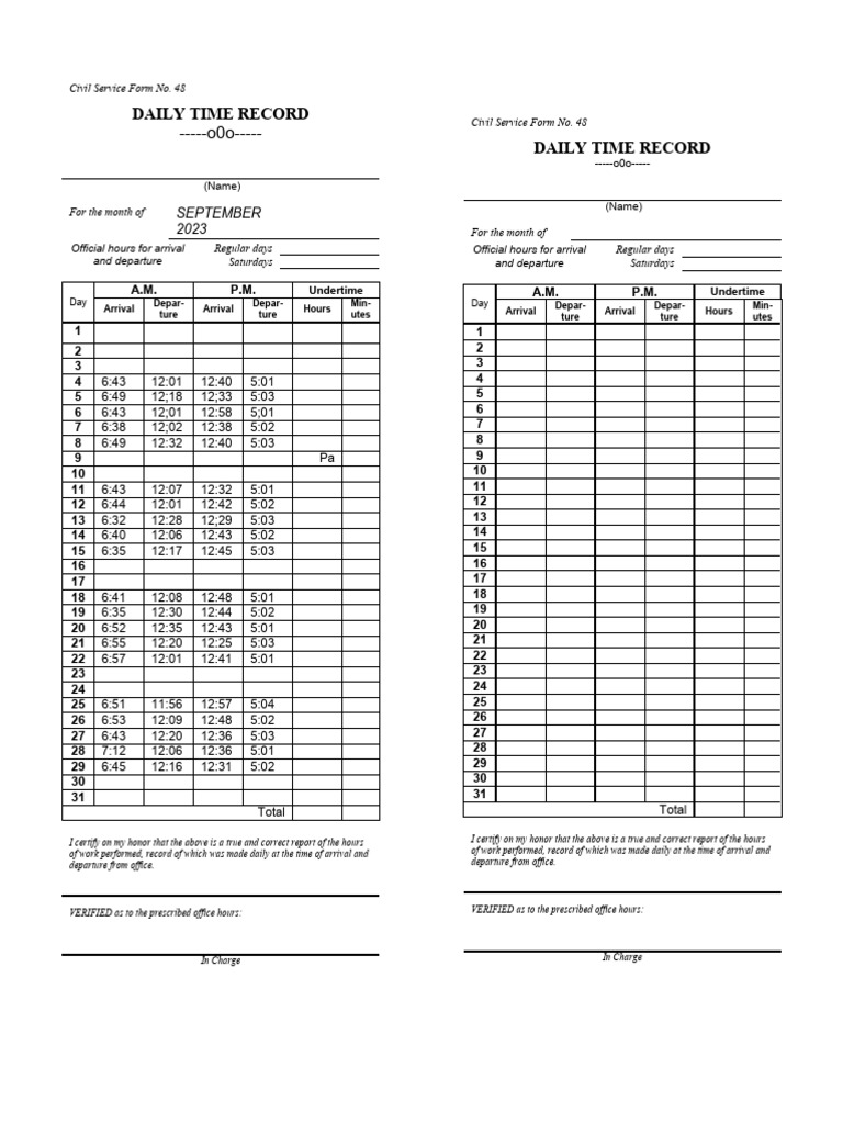 Daily Time Record Template for DTR | PDF