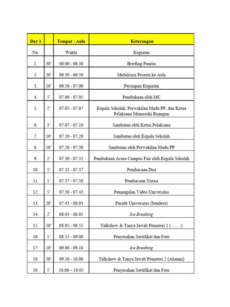 Rundown Acara Campus Fair Day 1-2 | PDF
