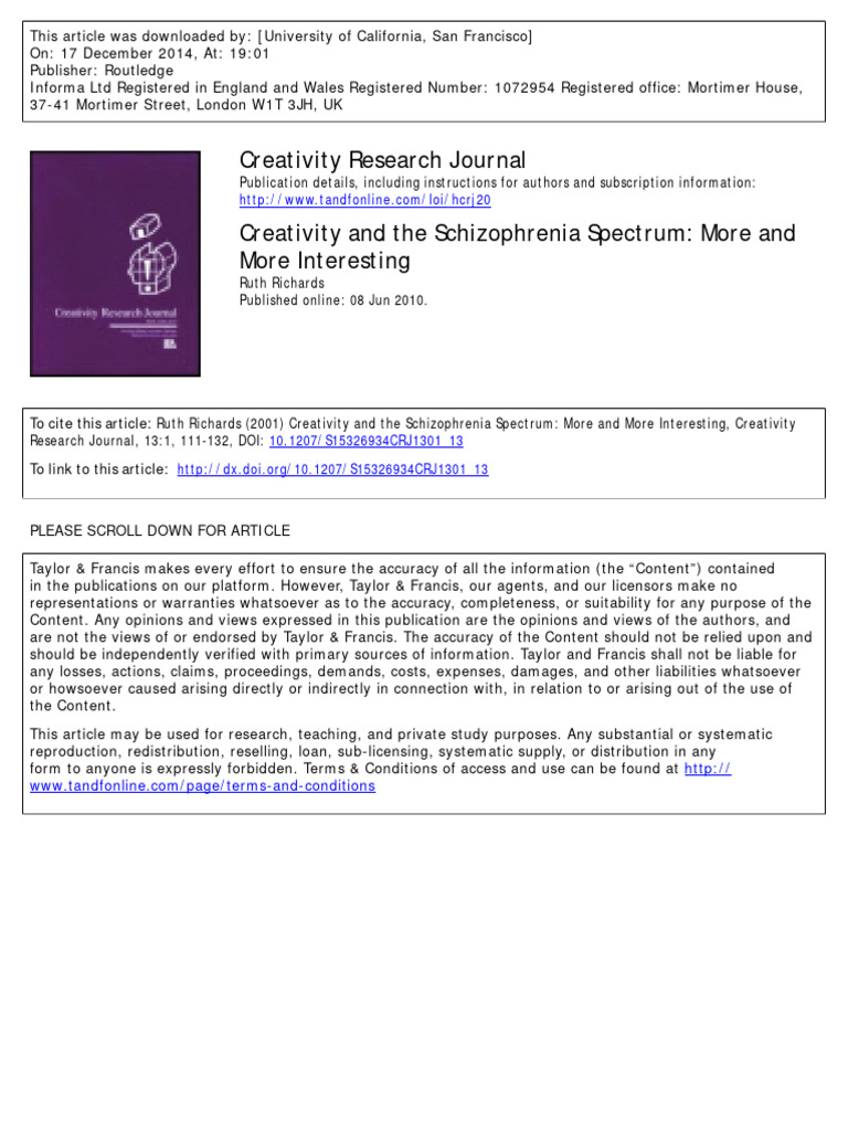 Creativity and The Schizophrenia Spectrum | PDF | Creativity | Bipolar ...